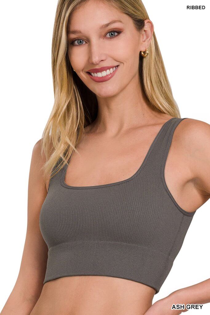 Ash Gray Ribbed Square Neck Cropped Tank