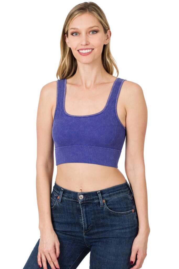 Bright Blue Washed Ribbed Square Neck Cropped Tank Top
