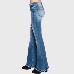 Distressed Mid Rise Flare Jeans with Trouser Hem