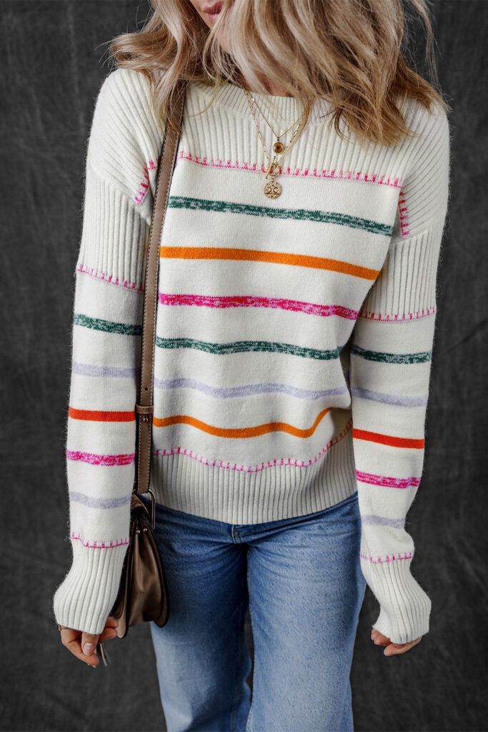 Cozy White Colorful Striped Sweater